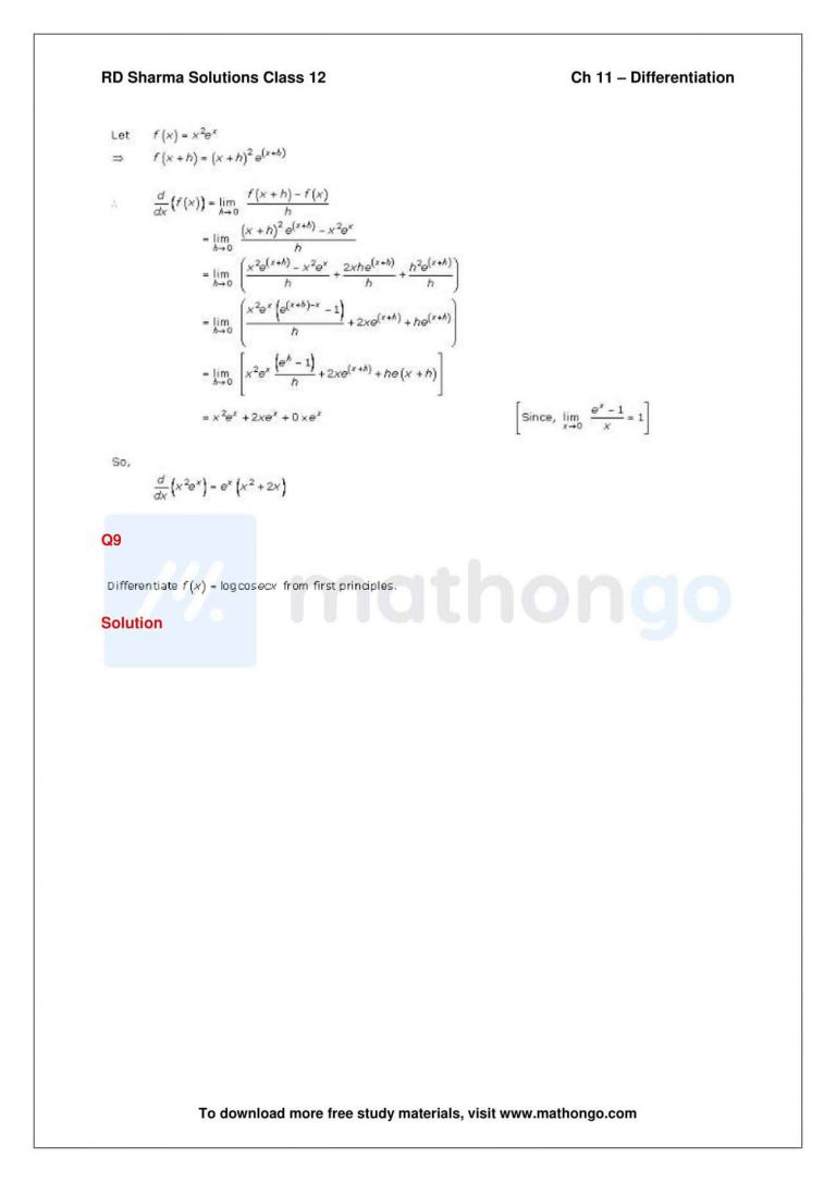 RD Sharma Class 12 Maths Solutions Chapter 11 – Differentiation – MathonGo