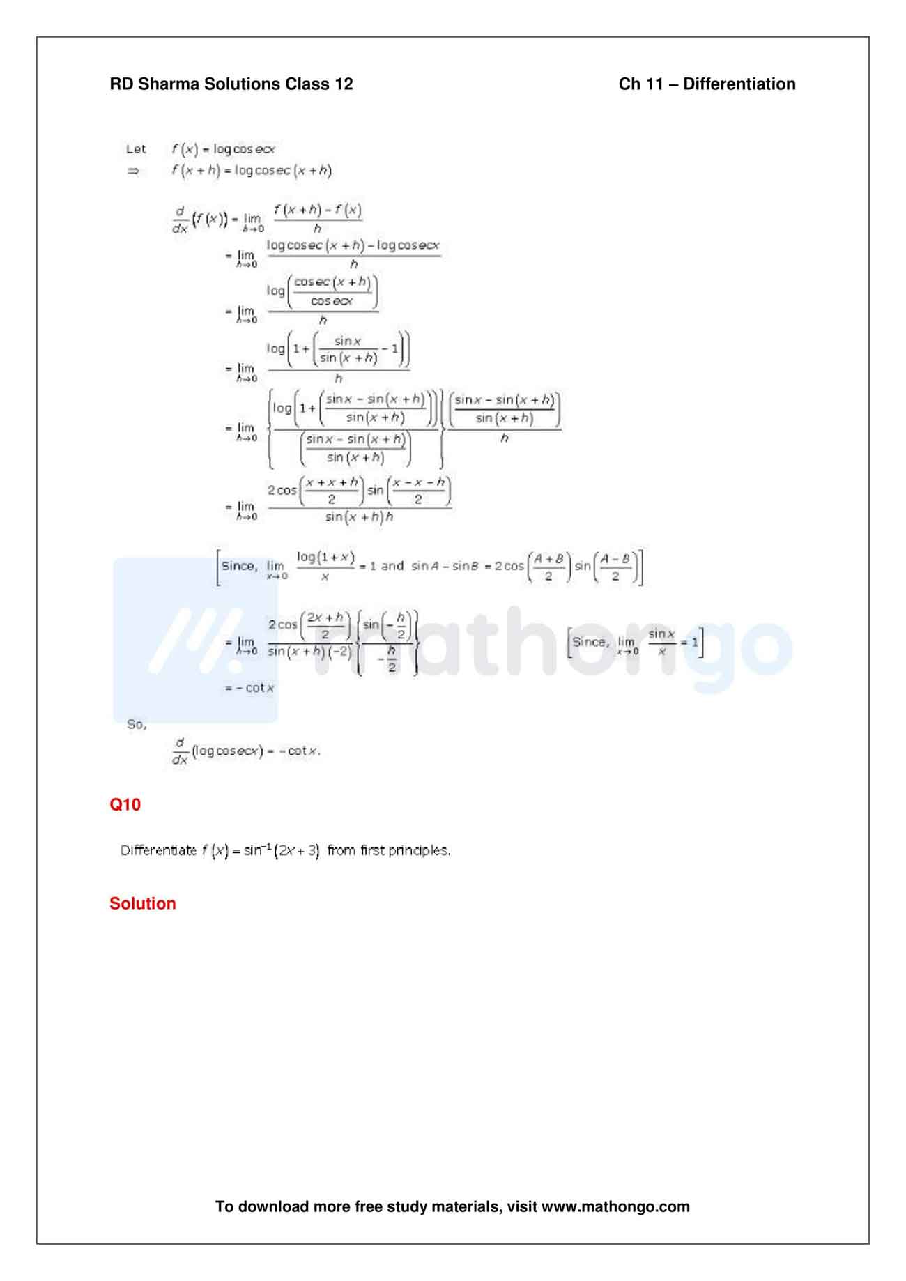 RD Sharma Class 12 Maths Solutions Chapter 11 – Differentiation – MathonGo