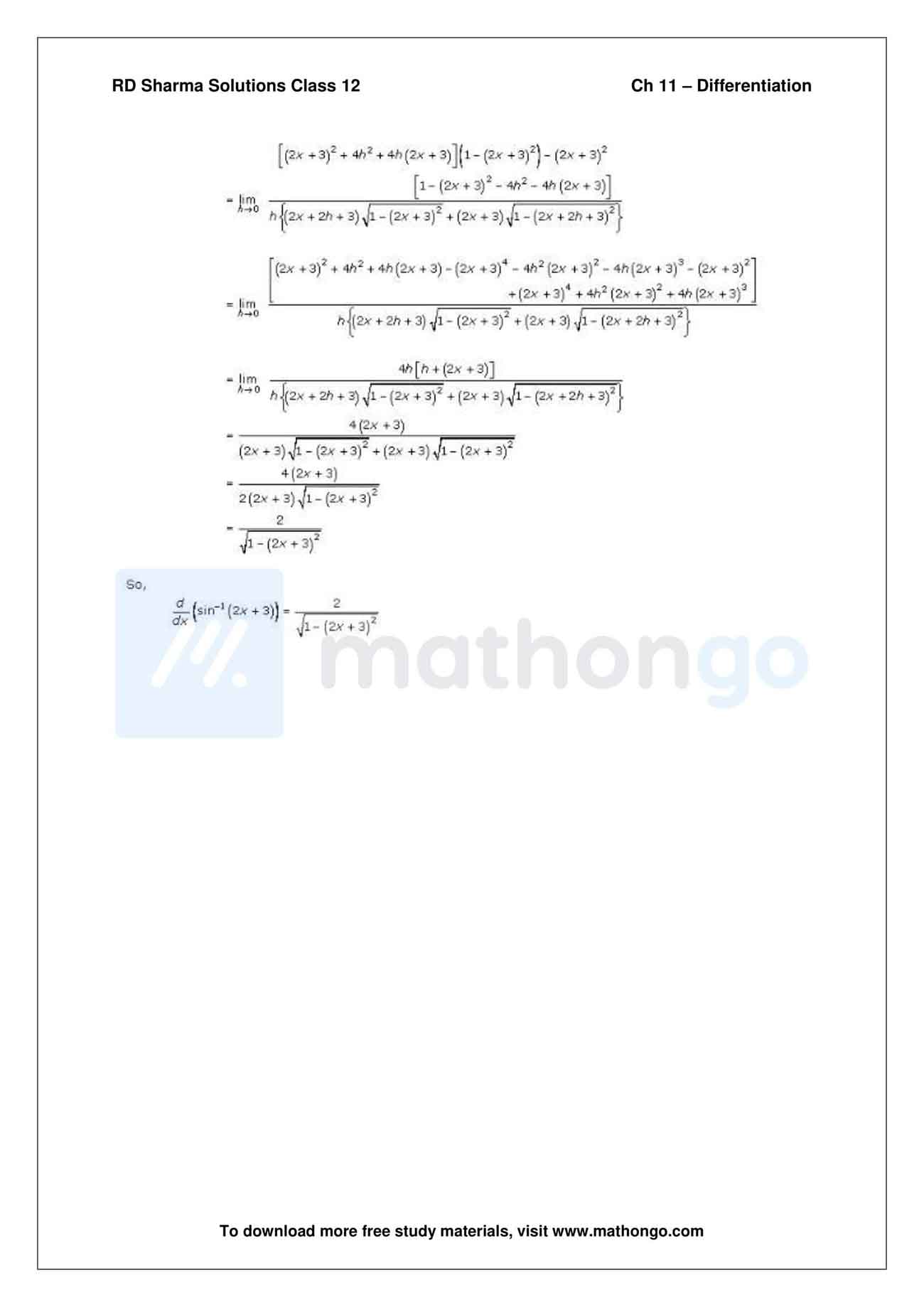 RD Sharma Class 12 Maths Solutions Chapter 11 – Differentiation – MathonGo