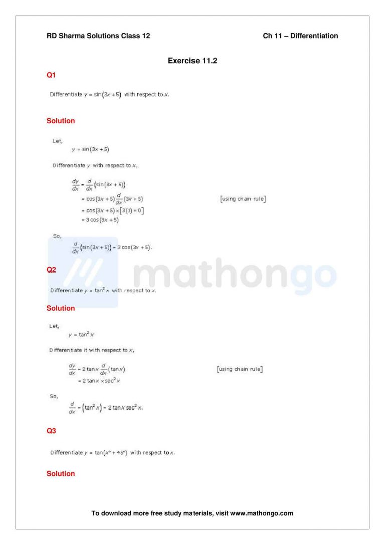 RD Sharma Class 12 Maths Solutions Chapter 11 – Differentiation – MathonGo
