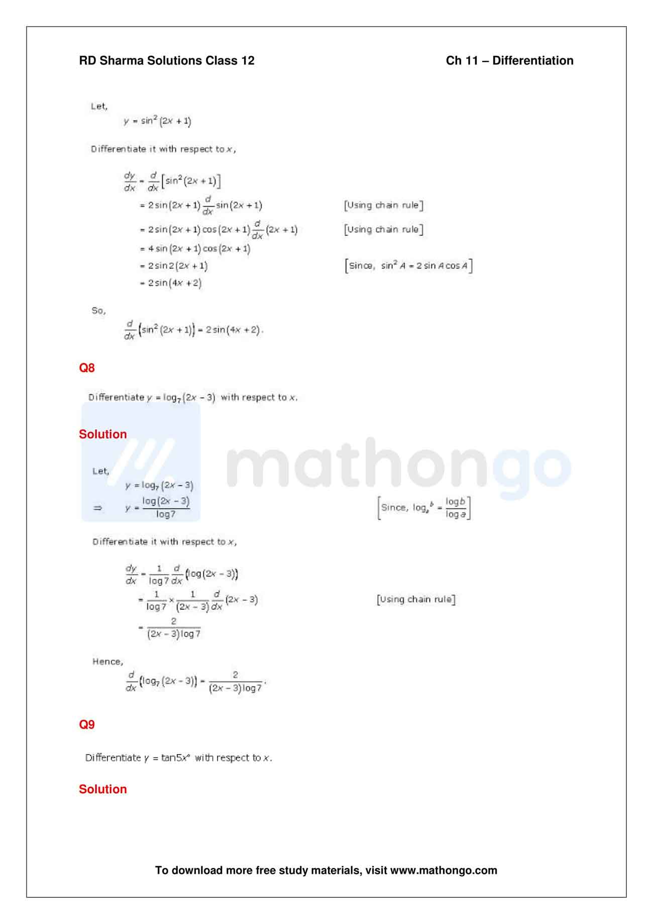 RD Sharma Class 12 Maths Solutions Chapter 11 – Differentiation – MathonGo