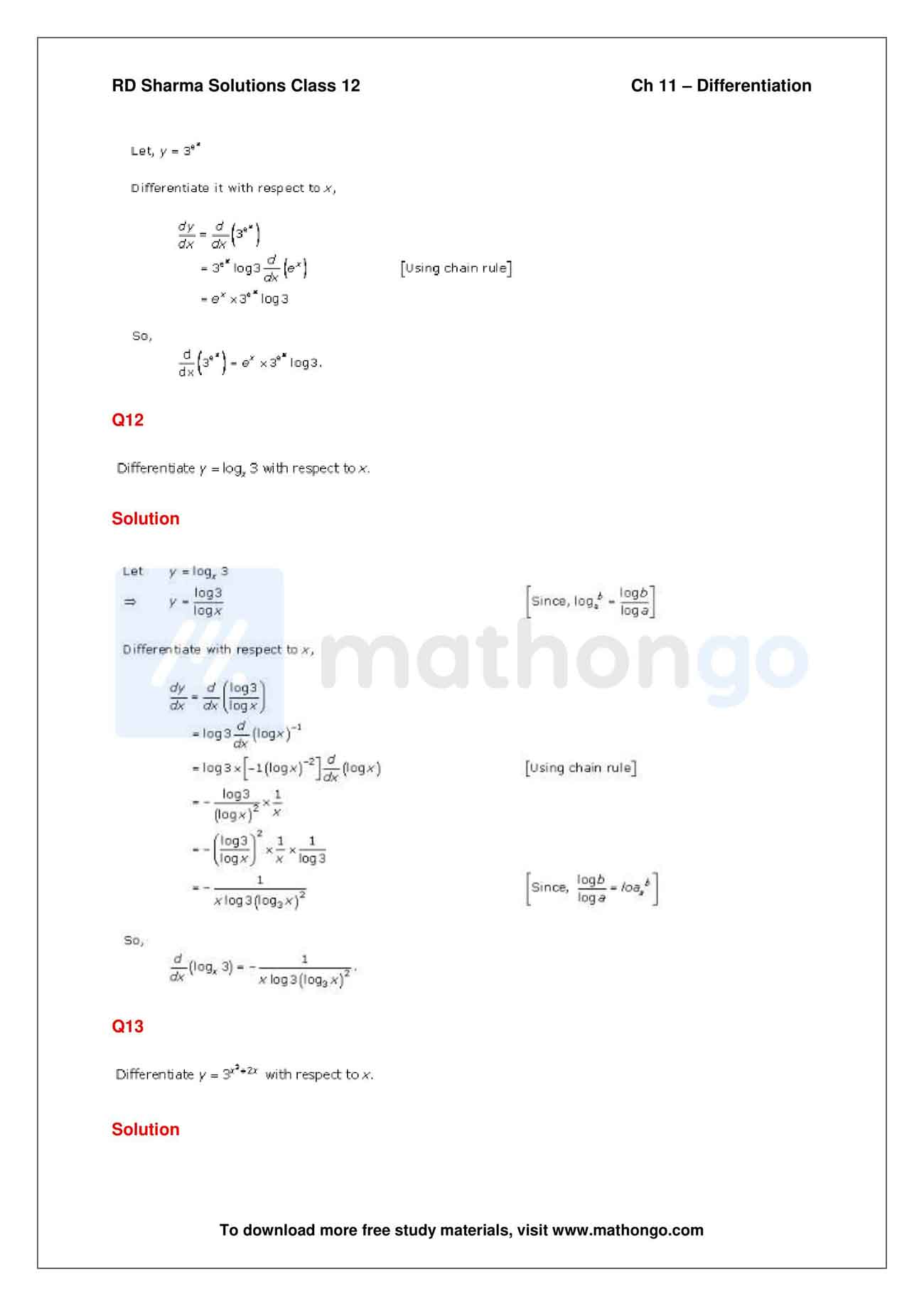 RD Sharma Class 12 Maths Solutions Chapter 11 – Differentiation – MathonGo
