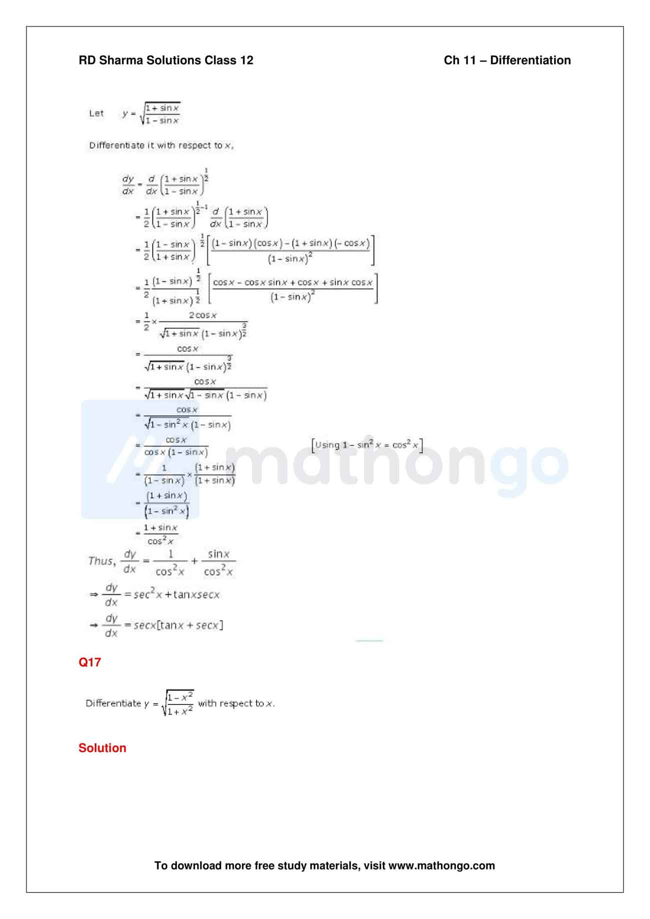 RD Sharma Class 12 Maths Solutions Chapter 11 – Differentiation – MathonGo