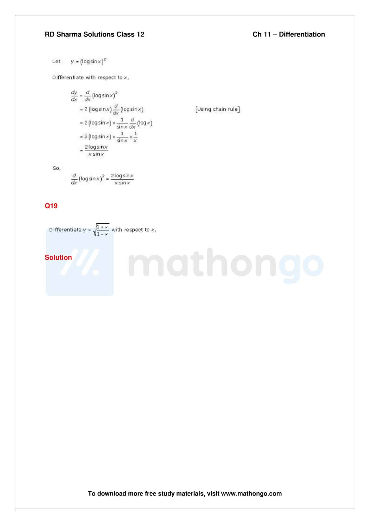 RD Sharma Class 12 Maths Solutions Chapter 11 – Differentiation – MathonGo