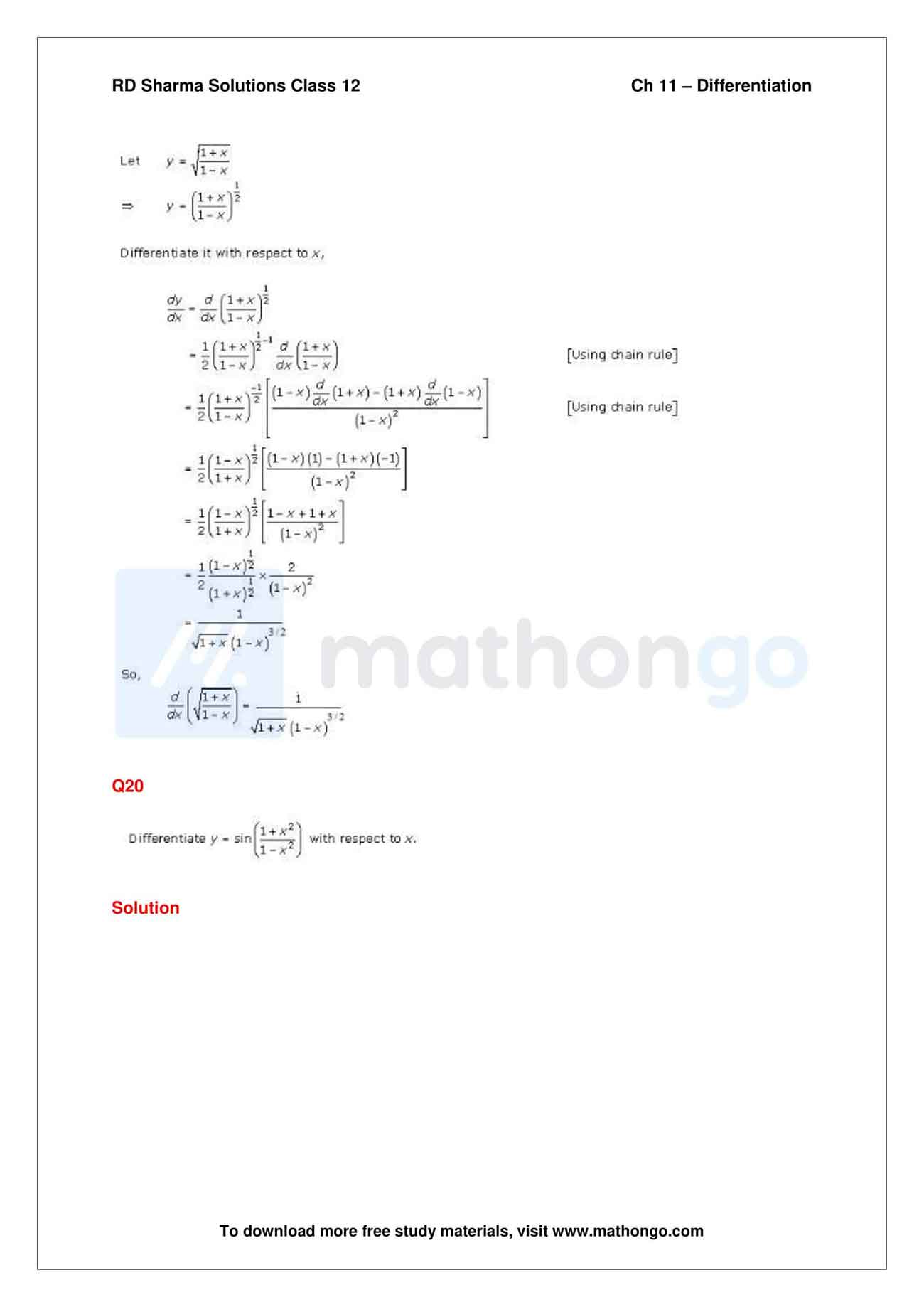 RD Sharma Class 12 Maths Solutions Chapter 11 – Differentiation – MathonGo