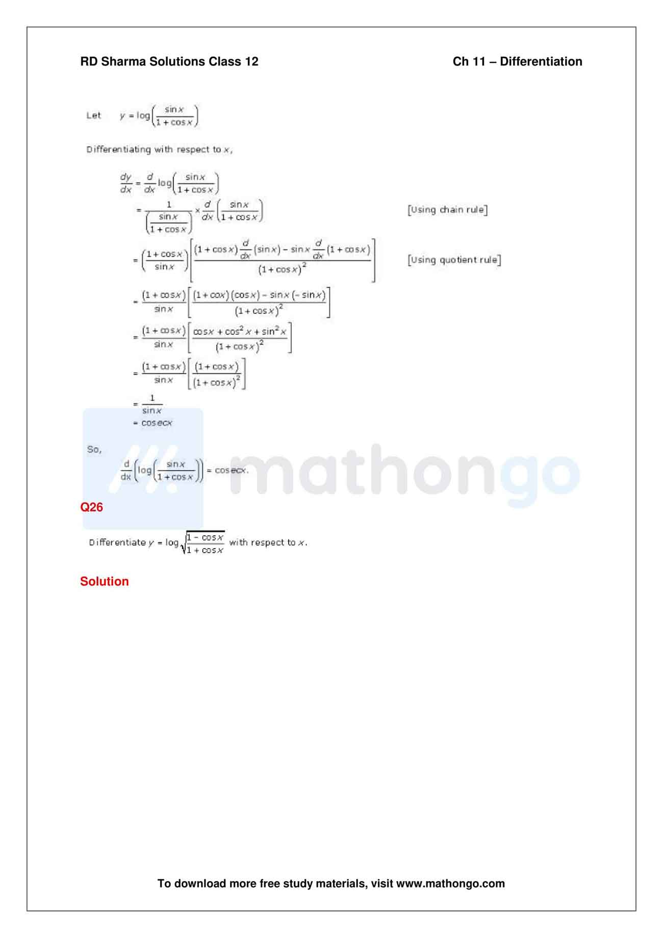 RD Sharma Class 12 Maths Solutions Chapter 11 – Differentiation – MathonGo