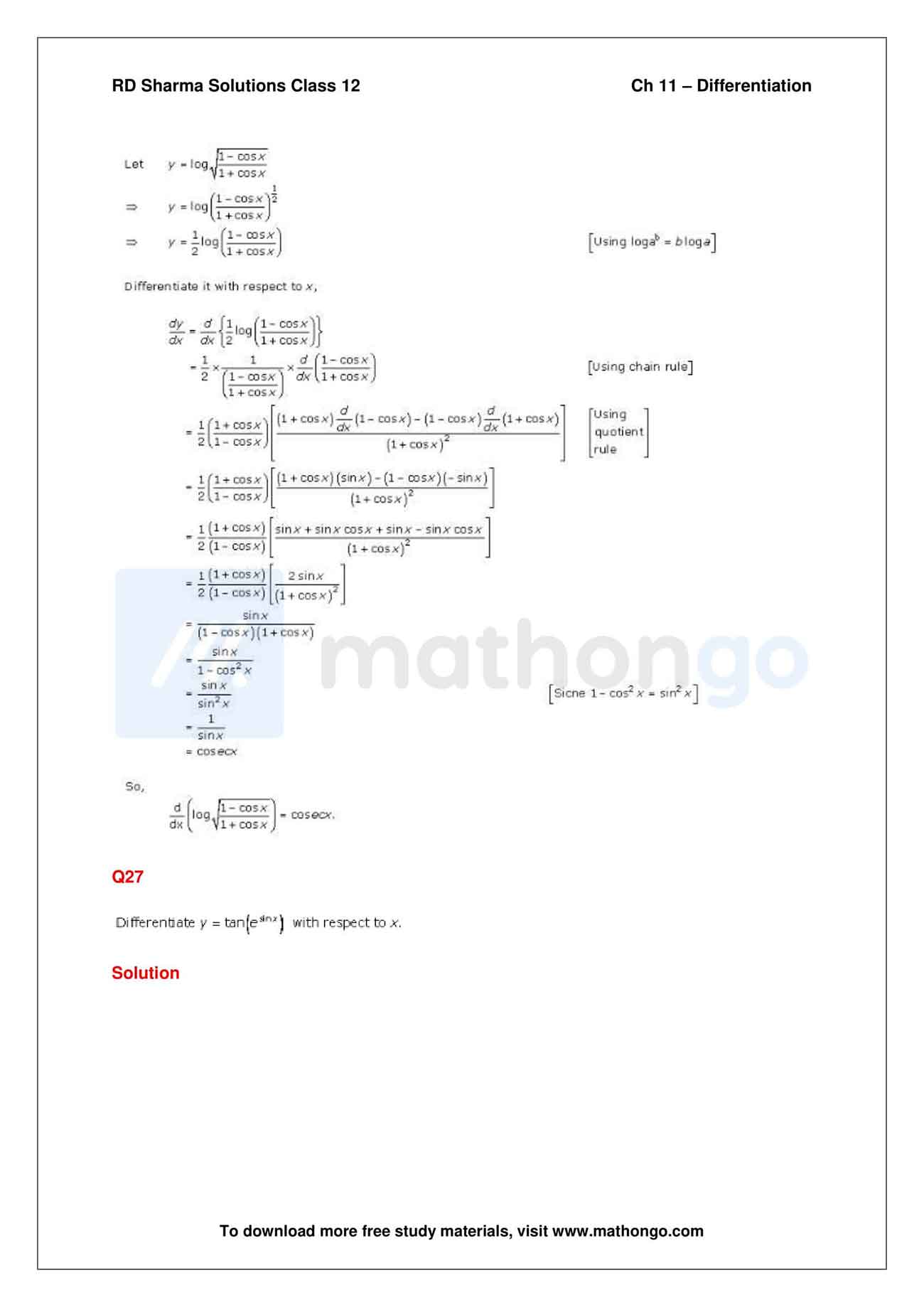 RD Sharma Class 12 Maths Solutions Chapter 11 – Differentiation – MathonGo