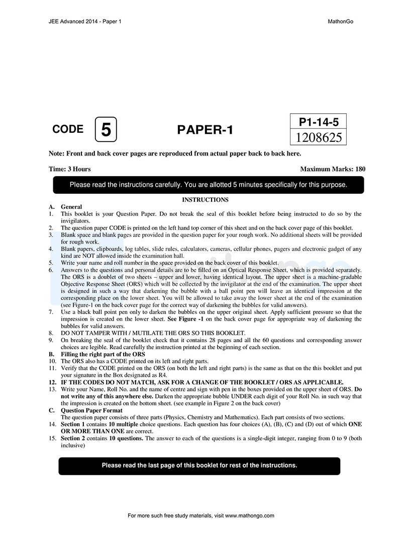 JEE Advanced 2014 Question Paper-1 – MathonGo