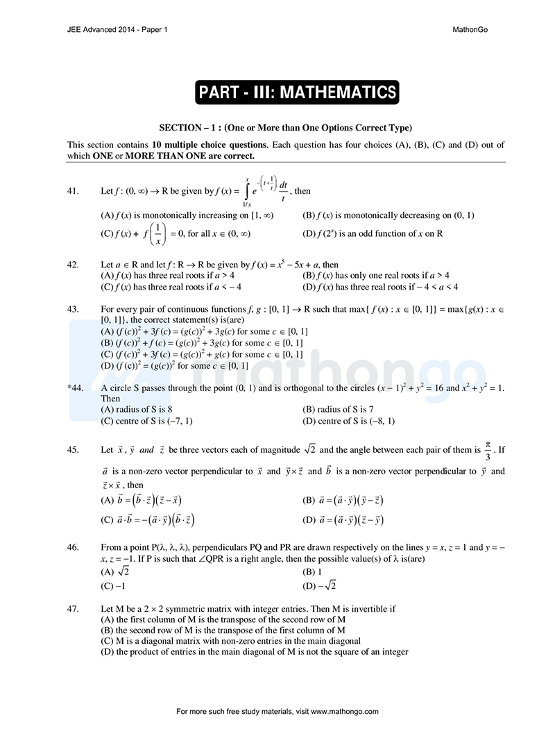 JEE Advanced 2014 Question Paper-1 – MathonGo