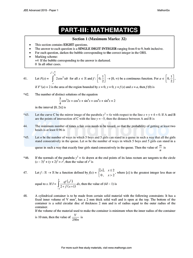 JEE Advanced 2015 Question Paper-1 – MathonGo
