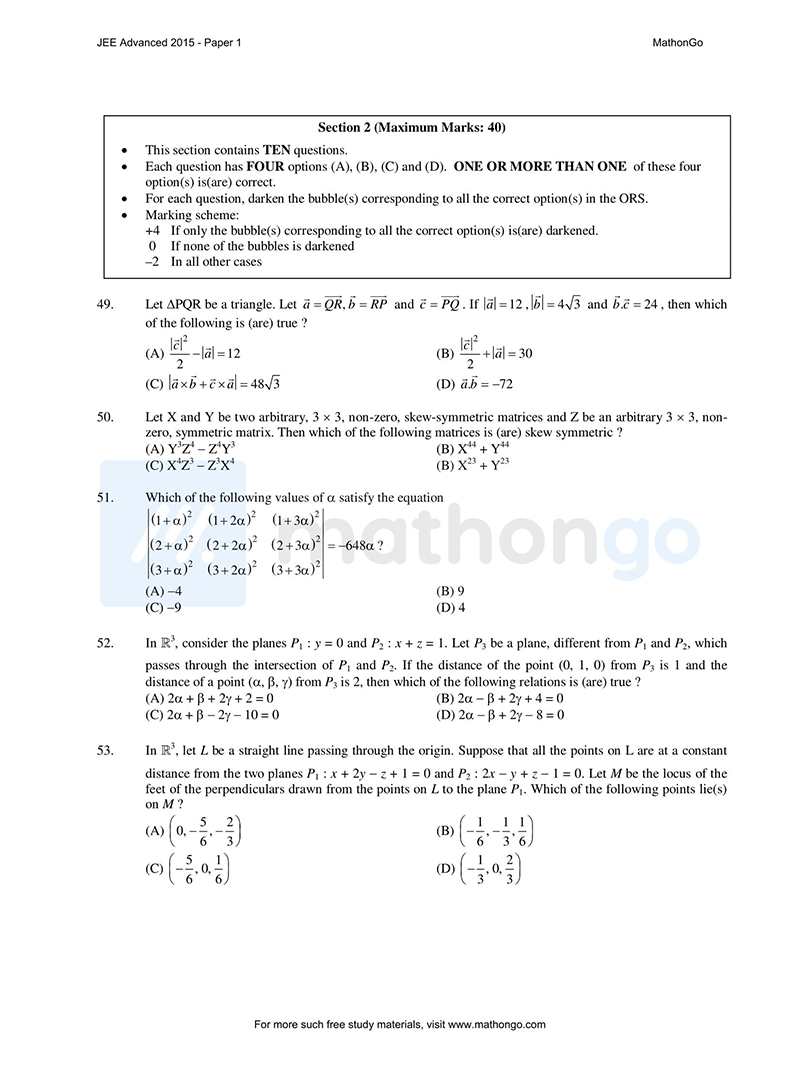 JEE Advanced 2015 Question Paper-1 – MathonGo