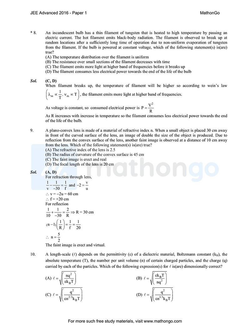 JEE Advanced 2016 Question Paper-1 – MathonGo