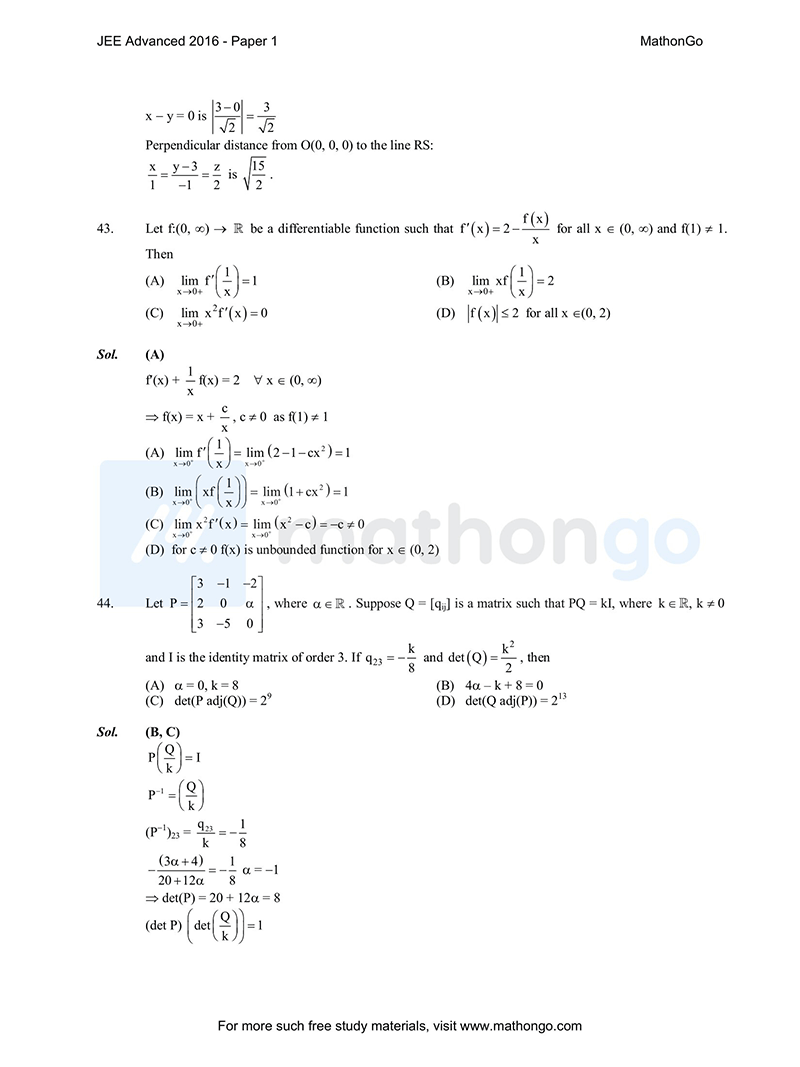 JEE Advanced 2016 Question Paper-1 – MathonGo