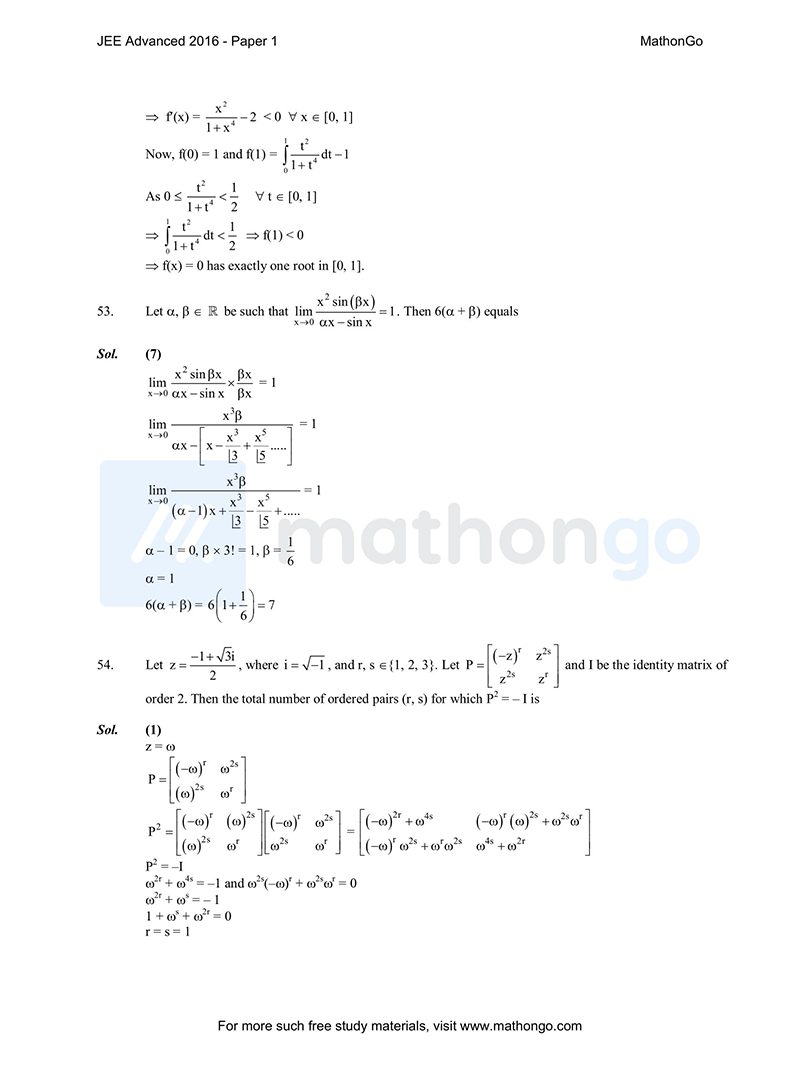 JEE Advanced 2016 Question Paper-1 – MathonGo