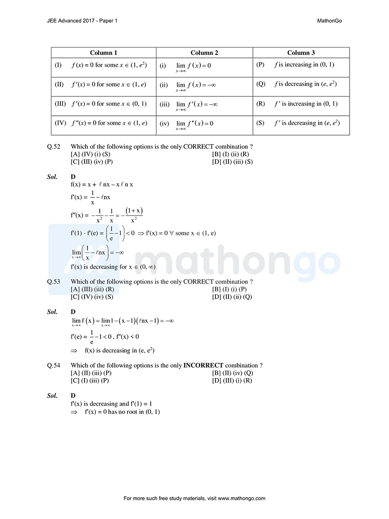 JEE Advanced 2017 Question Paper-1 – MathonGo