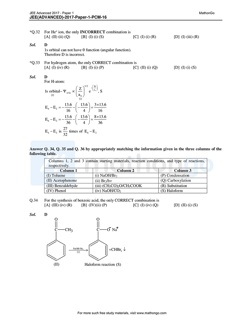 JEE Advanced 2017 Question Paper-1 – MathonGo