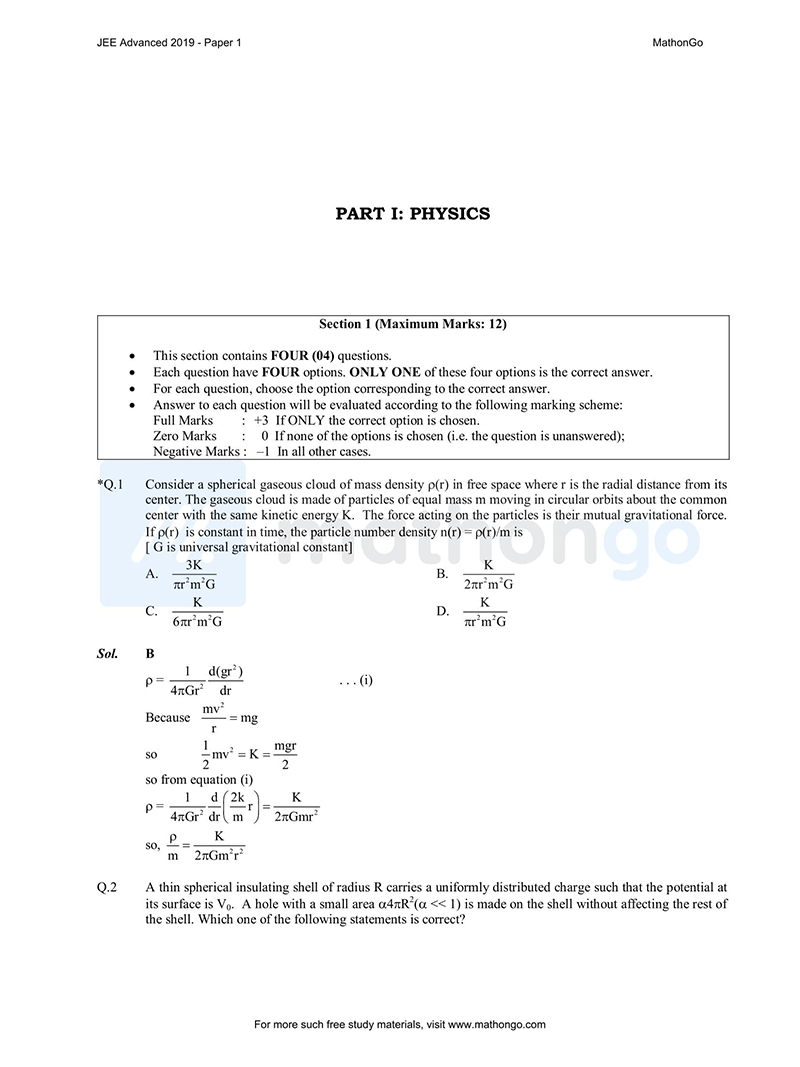 JEE Advanced 2019 Question Paper 1 MathonGo
