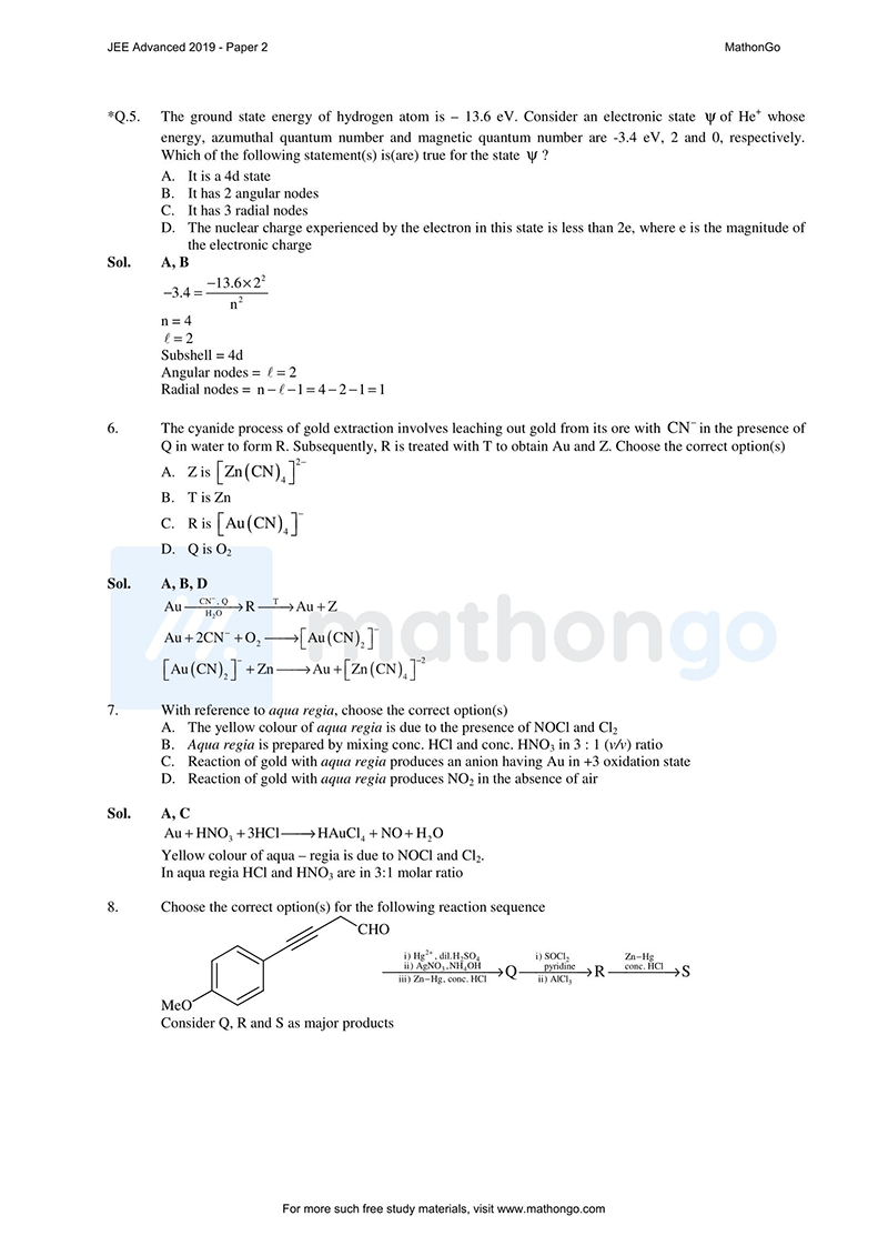 JEE Advanced 2019 Question Paper-2 – MathonGo