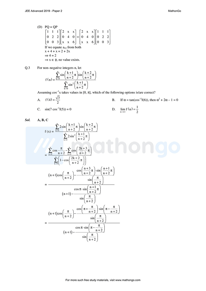 JEE Advanced 2019 Question Paper-2 – MathonGo
