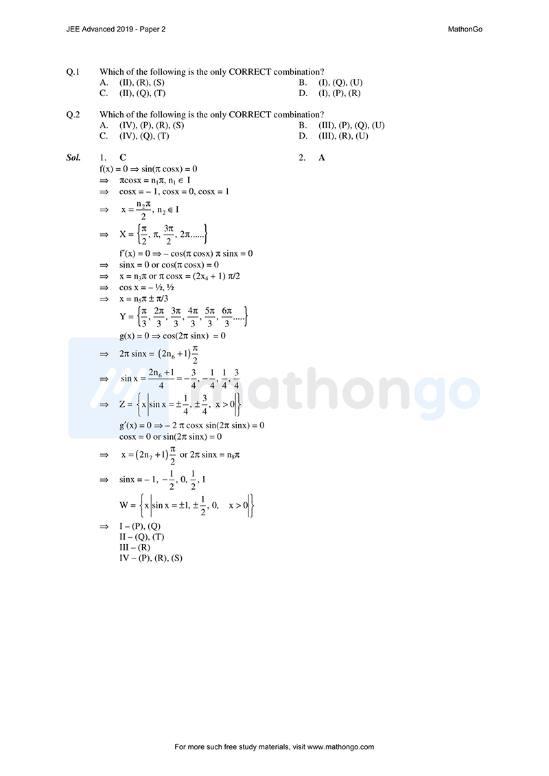 JEE Advanced 2019 Question Paper-2 with Solutions - PDF Download